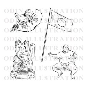 Japanese Hand Drawn Illustrations, Japan Line Drawn Digital Clipart ...