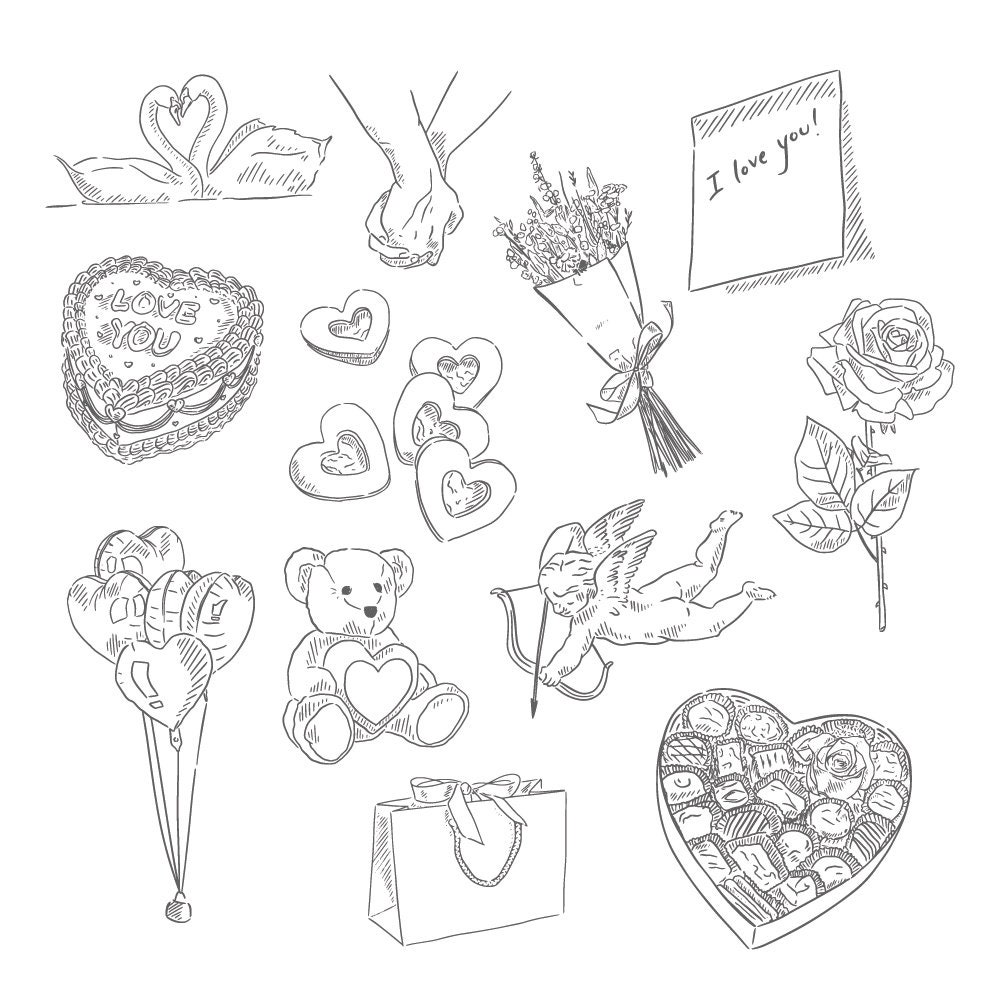 Valentines Day Illustrations, Digital Download, Line Drawn Clipart, DIY ...