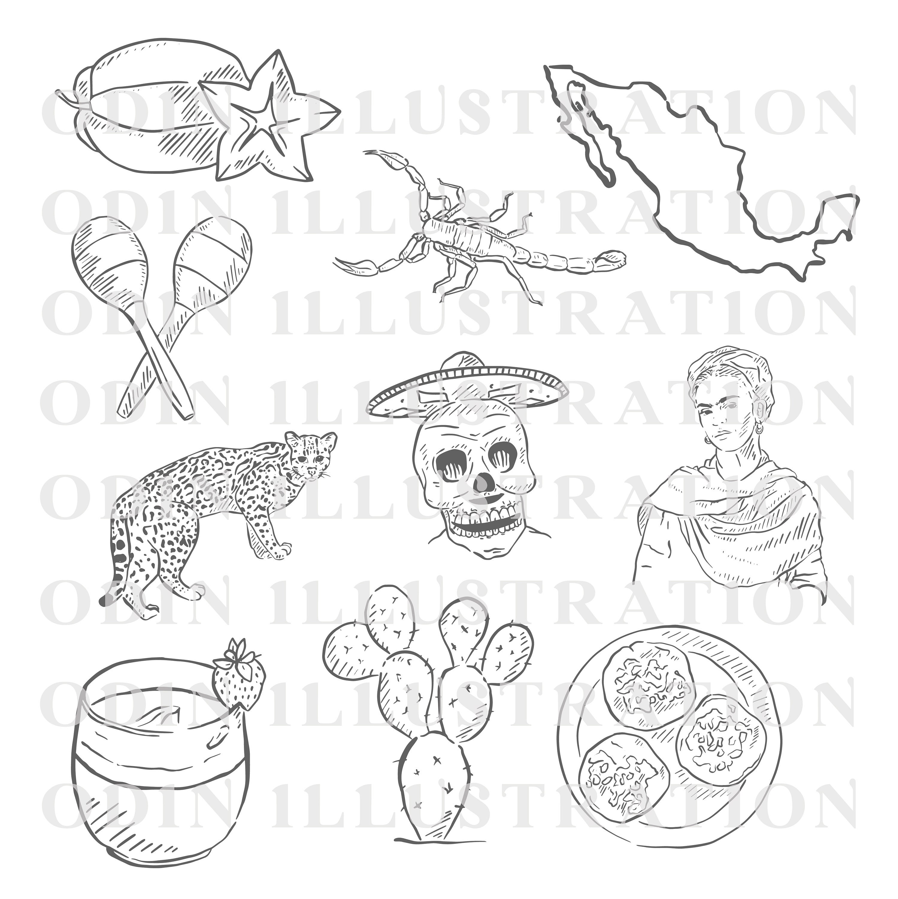 Mexican Themed Line Drawn Clipart Png Svg Dxf & Eps 300dpi - Etsy