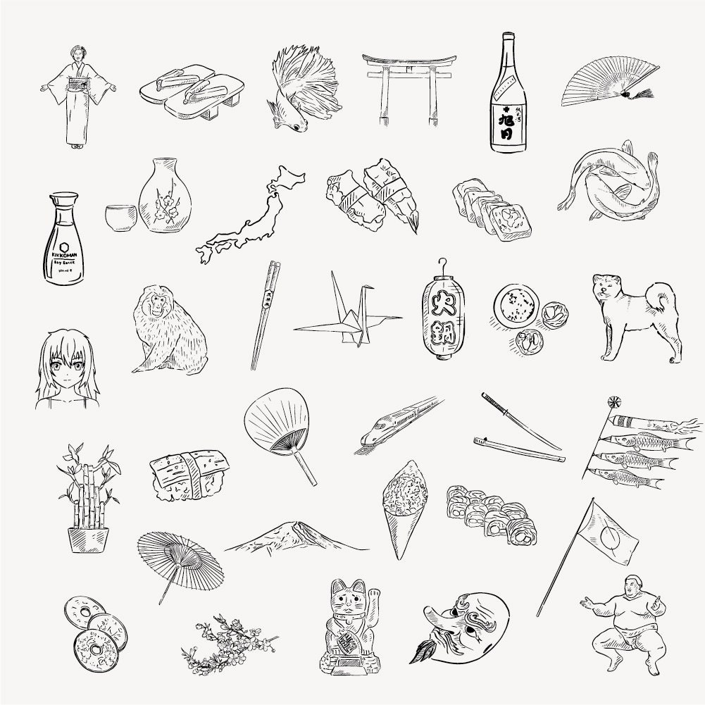 Japanese Hand Drawn Illustrations, Japan Line Drawn Digital Clipart ...