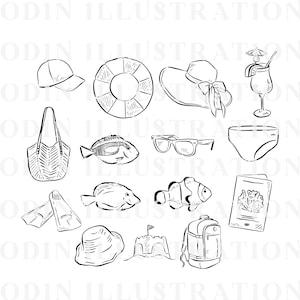 Vacation Clip Art, Hand Drawn Holiday Illustrations, Instant Download ...