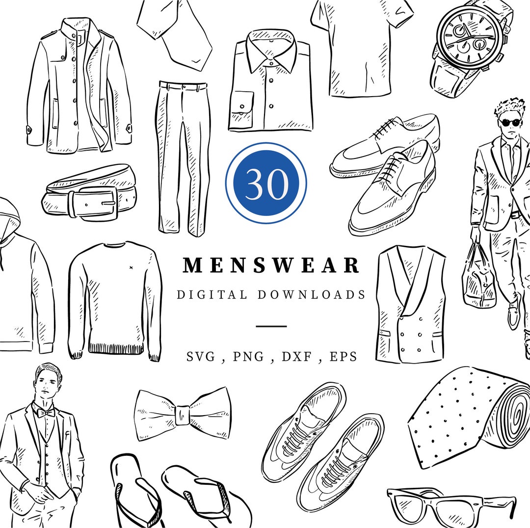 Menswear Line Drawn Clipart, Black and White Images, Mens Clothing SVG ...