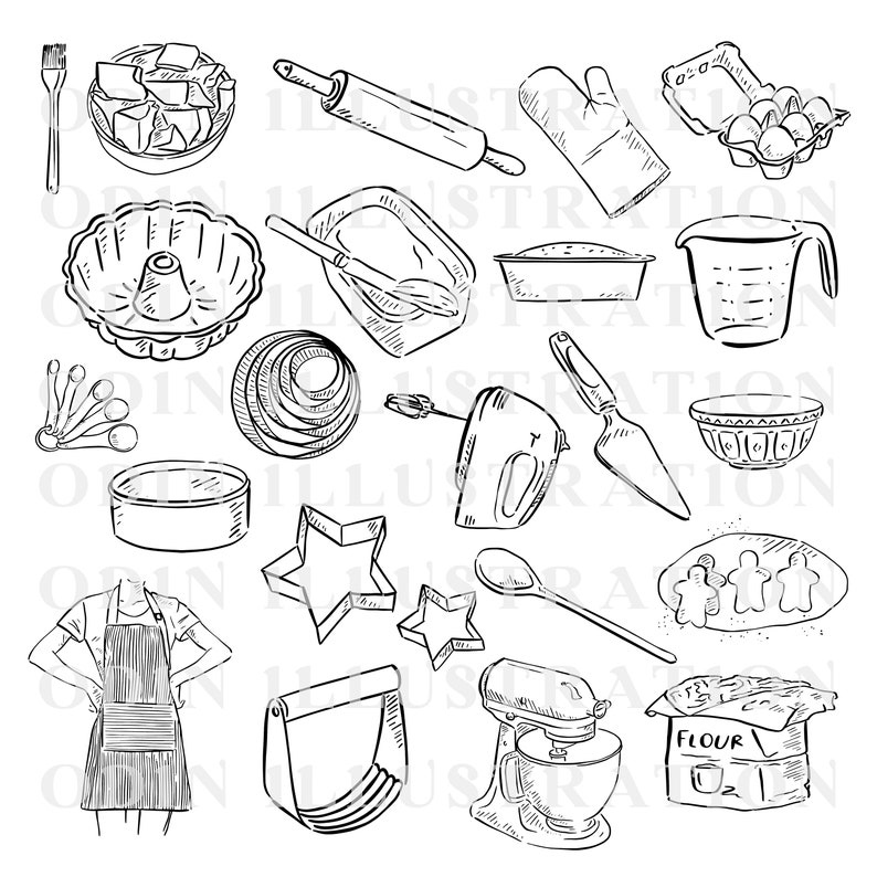 Baking Lineart Elements, 70 Png Svg Clipart Designs, Instant Digital ...