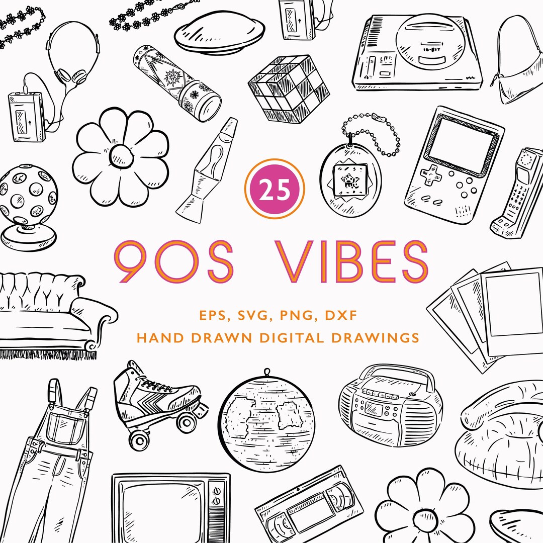 Retro Hand Drawn Clipart, 80s and 90s Inspired Illustrations, Line ...