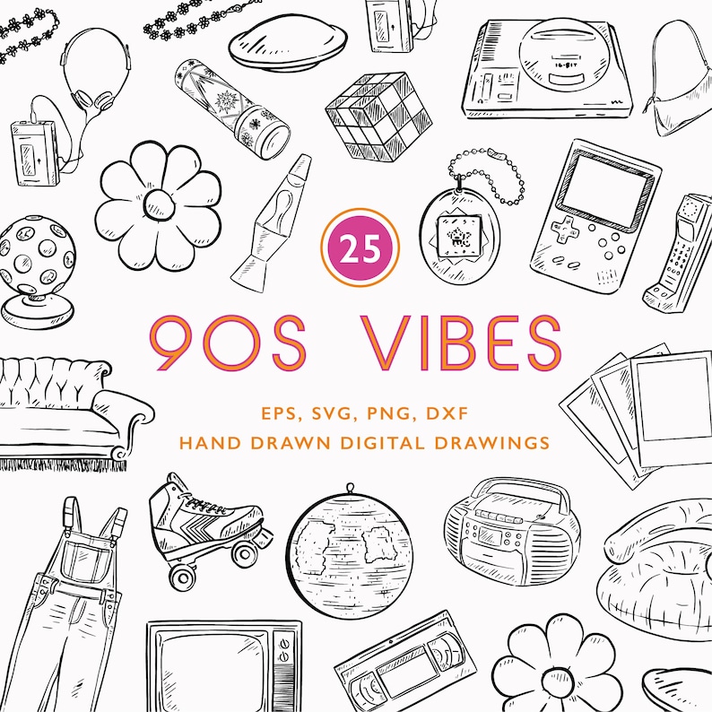 Retro Hand Drawn Clipart, 80s and 90s Inspired Illustrations, Line ...