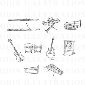 Musical Instrument Digital Download Bundle, Black Line Drawn Music ...