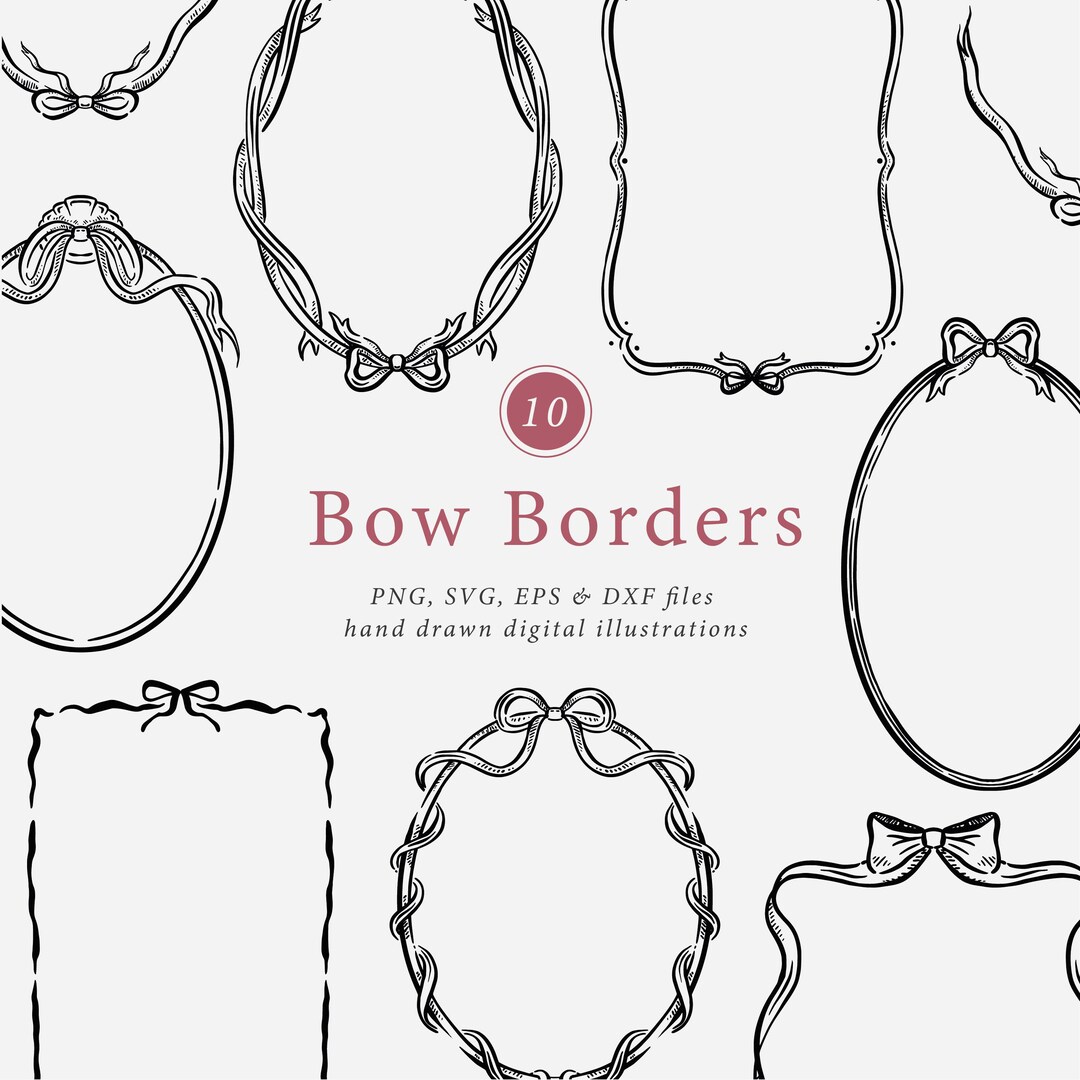 Wedding Ribbon Borders, Bow Clip Art Bundle, Hand Drawn Frames, Line ...