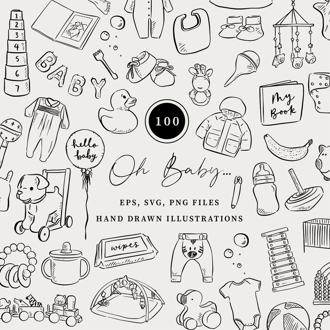 Baby Shower Illustration Bundle, 100 Hand Drawn Clip Art Png Svg Eps ...