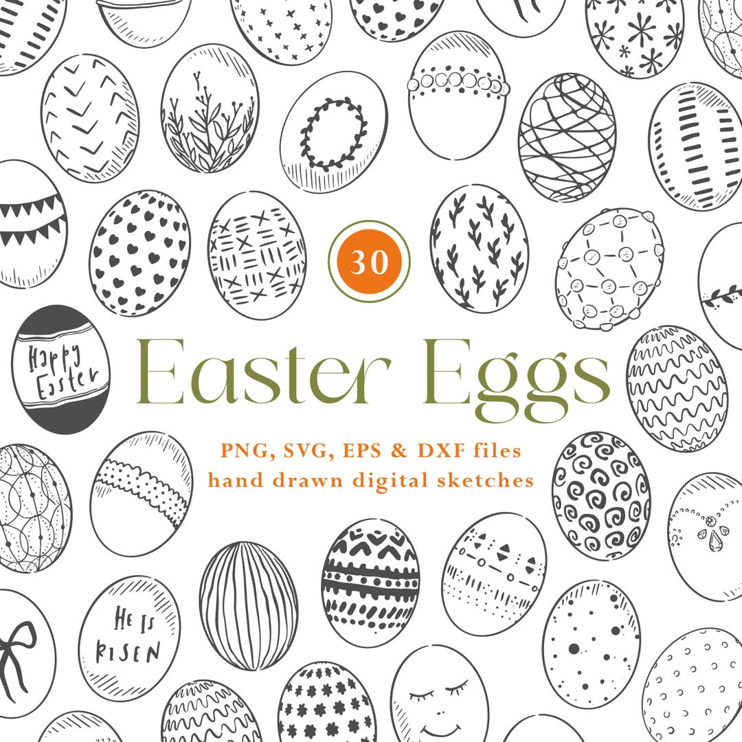 Hand Drawn Easter Egg Clipart, Decorated Eggs Line Drawn Bundle ...