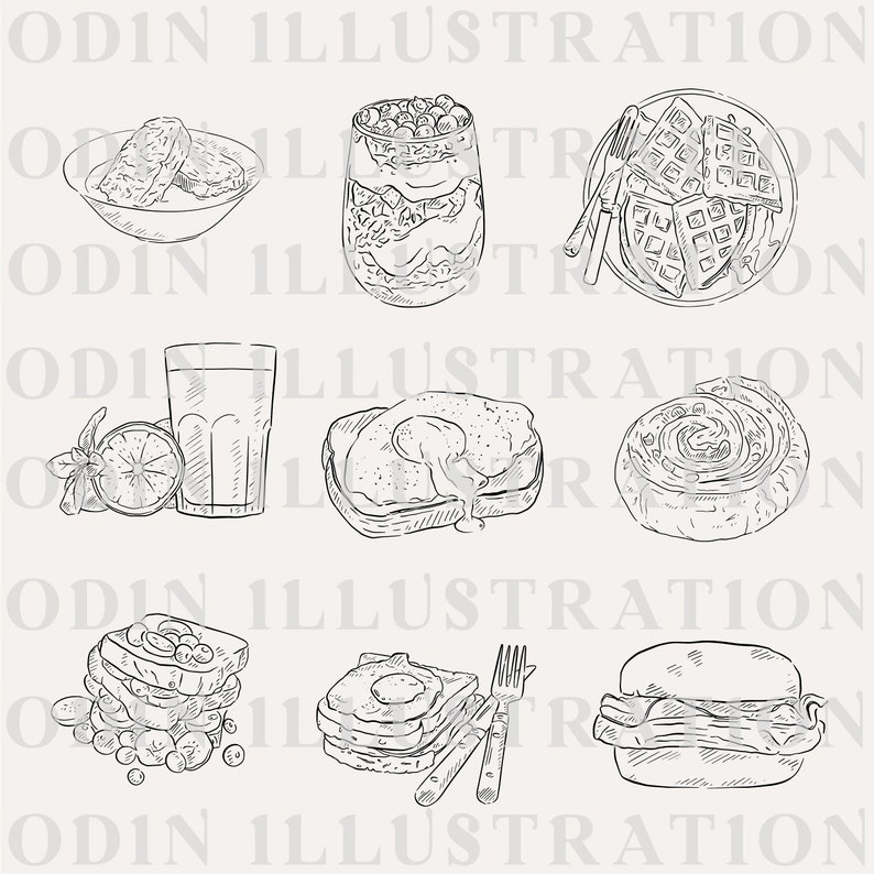 Hand Drawn Breakfast Illustrations, Digital Download Food, Line Drawn ...
