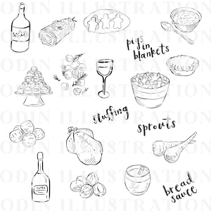 Christmas Food Line Art Clipart Bundle, Christmas Clipart SVG - Hand ...