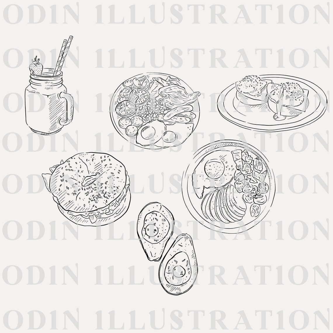 Hand Drawn Breakfast Illustrations, Digital Download Food, Line Drawn ...
