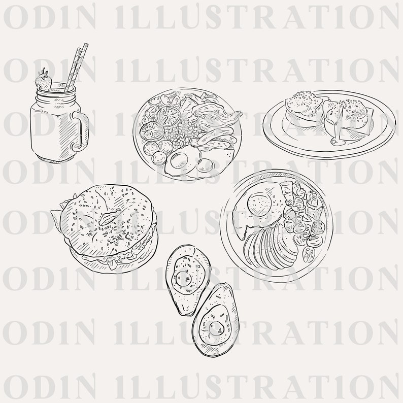 Hand Drawn Breakfast Illustrations, Digital Download Food, Line Drawn ...