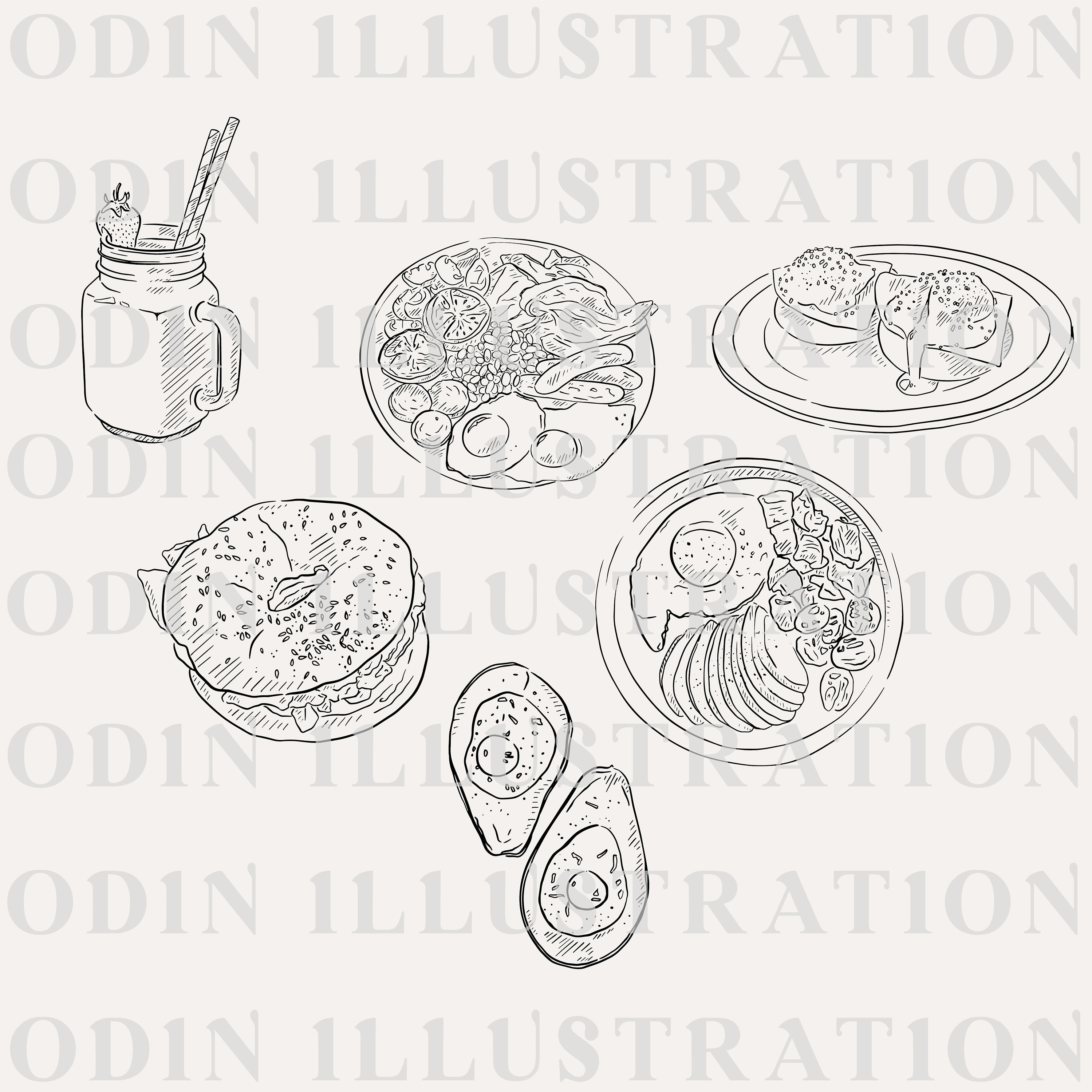Hand Drawn Breakfast Illustrations, Digital Download Food, Line Drawn ...