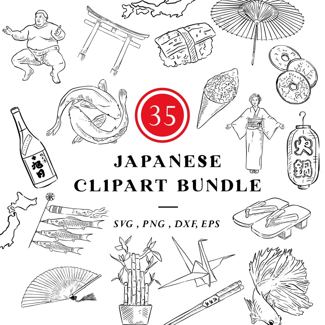 Japanese Hand Drawn Illustrations, Japan Line Drawn Digital Clipart ...