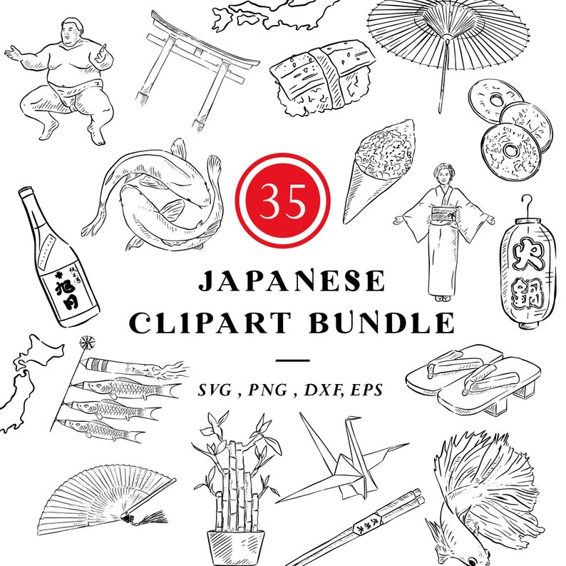 Japanese Hand Drawn Illustrations, Japan Line Drawn Digital Clipart ...