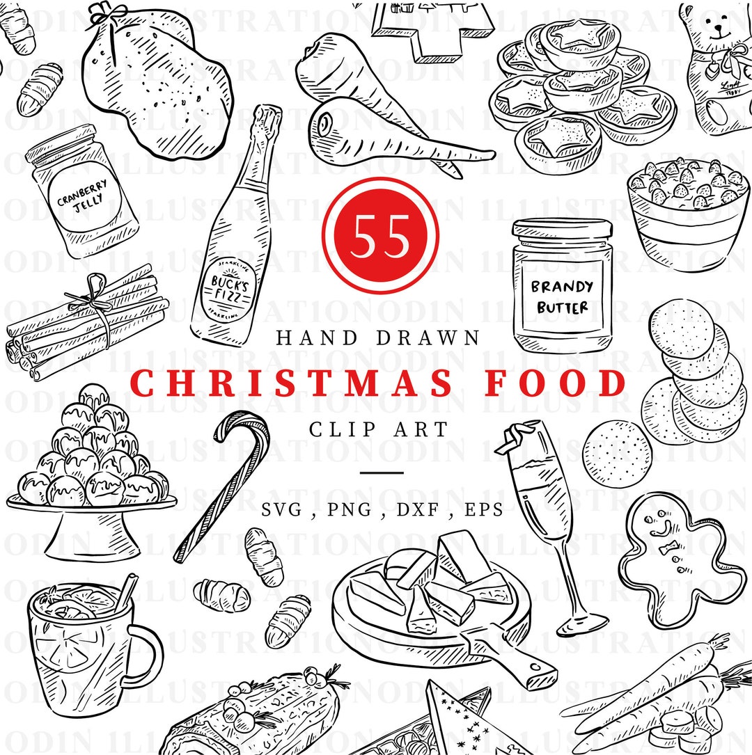 Christmas Food Line Art Clipart Bundle, Christmas Clipart SVG - Hand ...