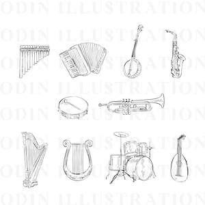 Musical Instrument Digital Download Bundle, Black Line Drawn Music ...