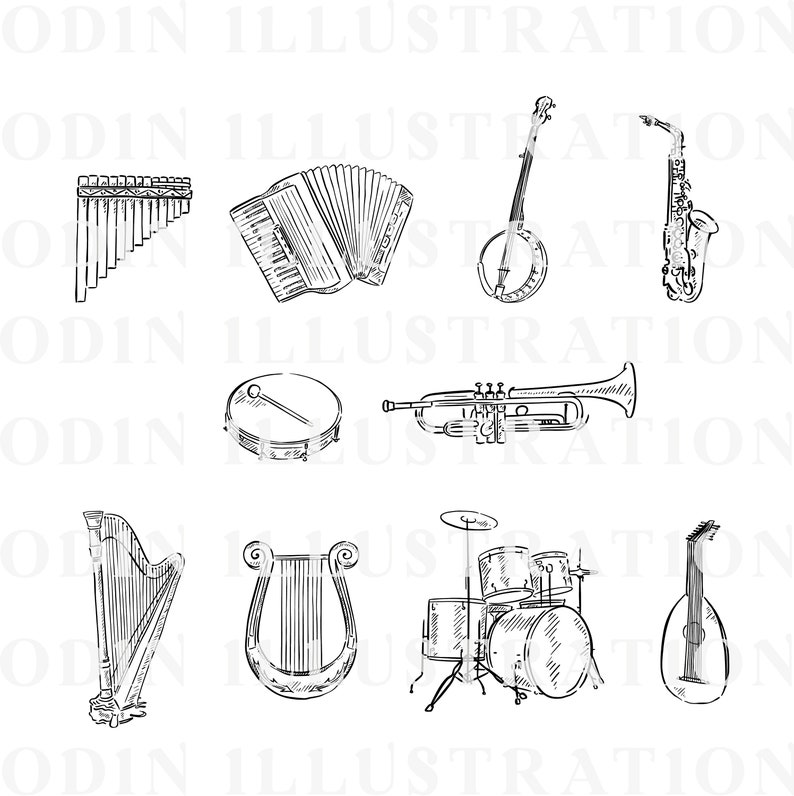 Musical Instrument Digital Download, Black & White Line Drawn Music ...