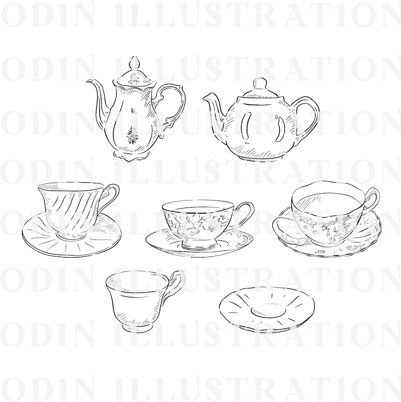 Vintage Tea Set Line Drawn Clipart, 26 Png, Svg, Dxf & Eps Files at 300 ...
