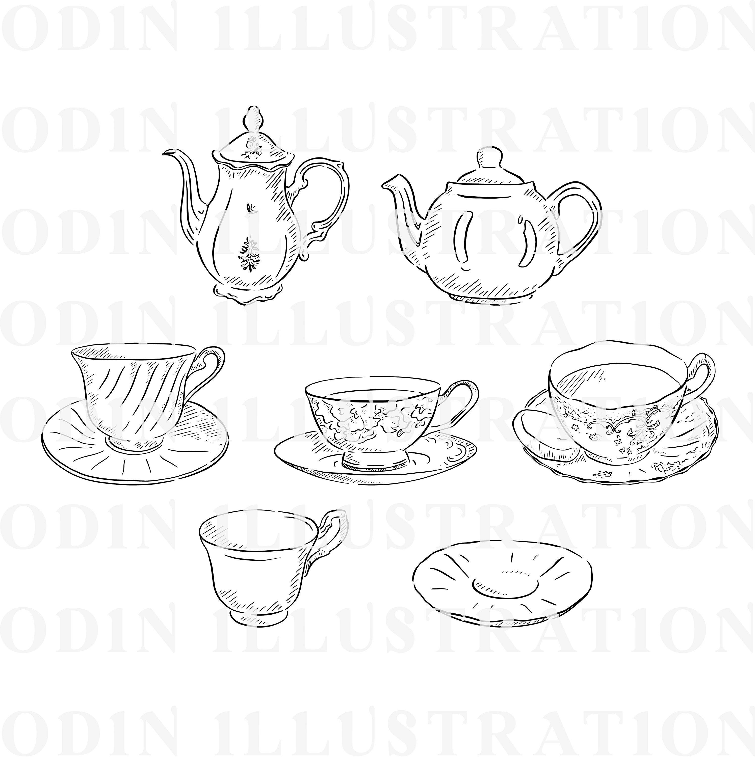 Vintage Tea Set Line Drawn Clipart, 26 Png, Svg, Dxf & Eps Files at 300 ...
