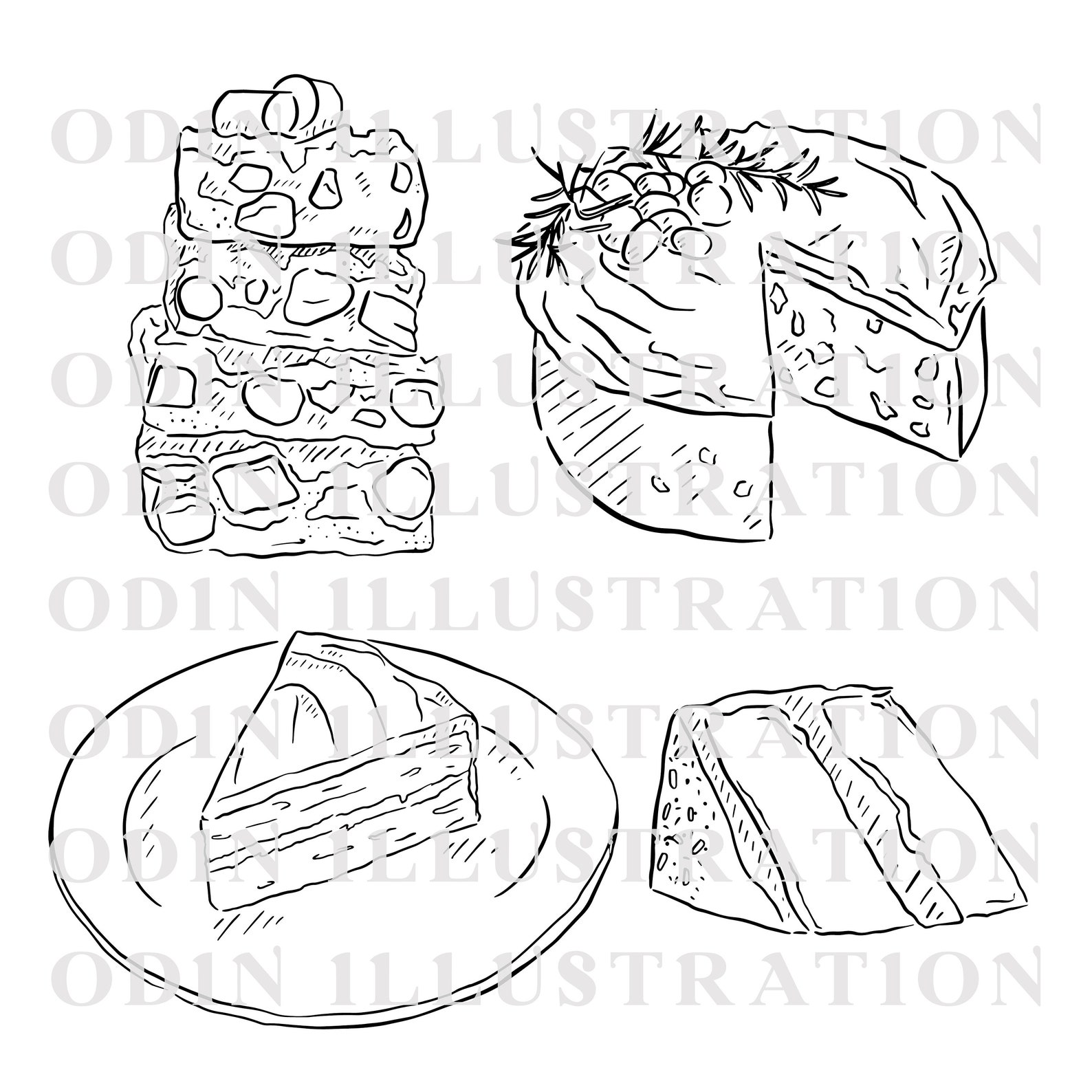 Line Drawn Cake Illustrations, Printable Instant Download Cakes and ...