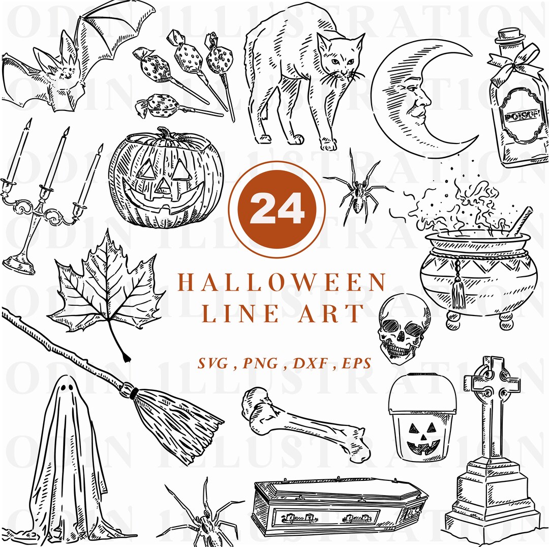 Fall Clipart, Halloween Line Art, Autumn Clipart, Hand Drawn Spooky ...