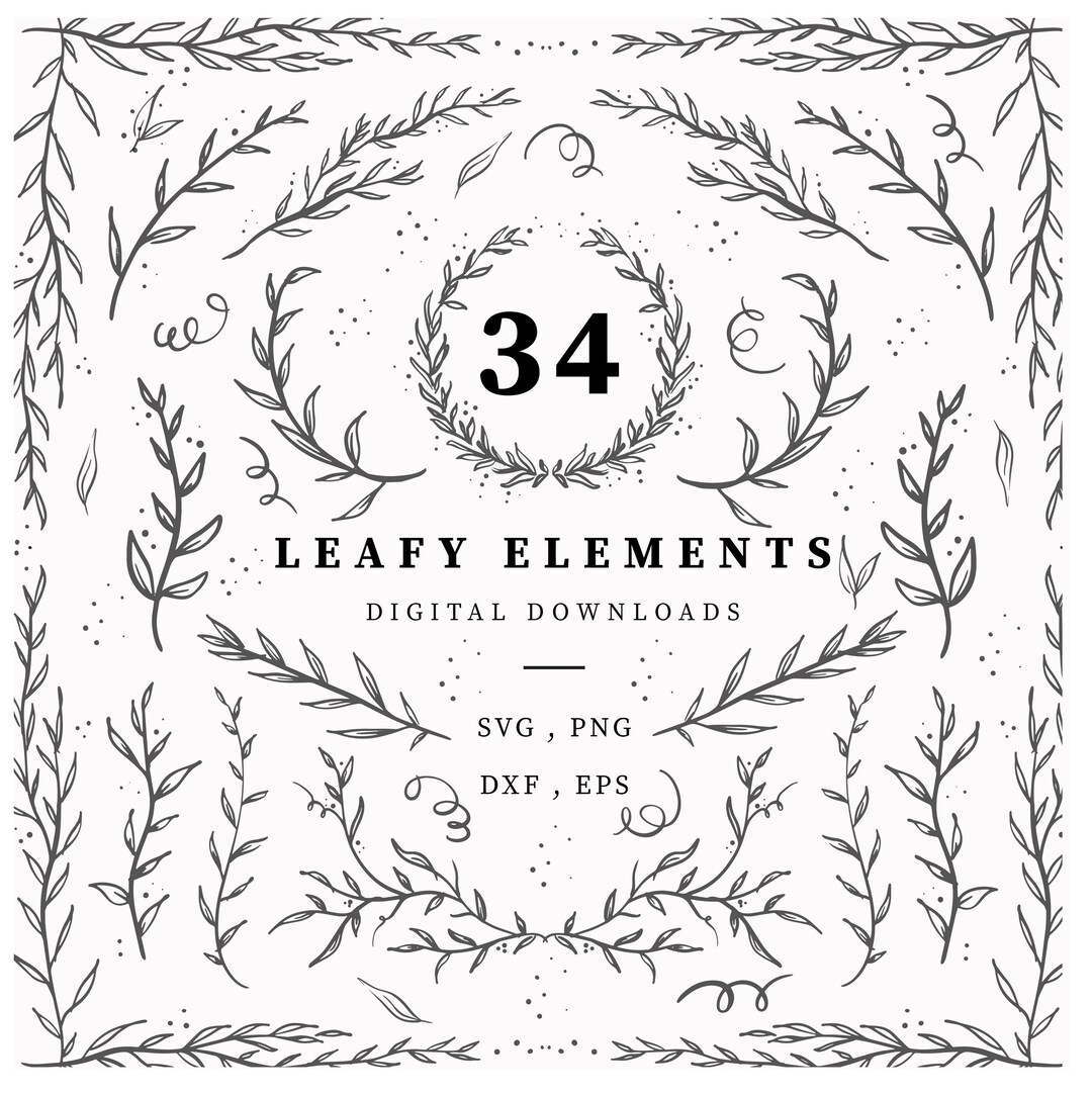 Decorative Leaves Line Drawn Clipart, Black and White Floral Digital ...
