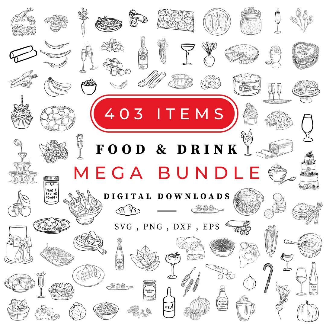 Food and Drink Clipart Bundle, 403 Individual Black and White Images ...