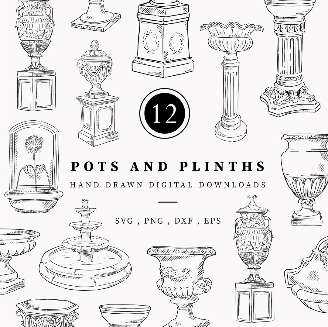 Pots and Garden Plinths Illustrations, Digital Download, Line Drawn ...