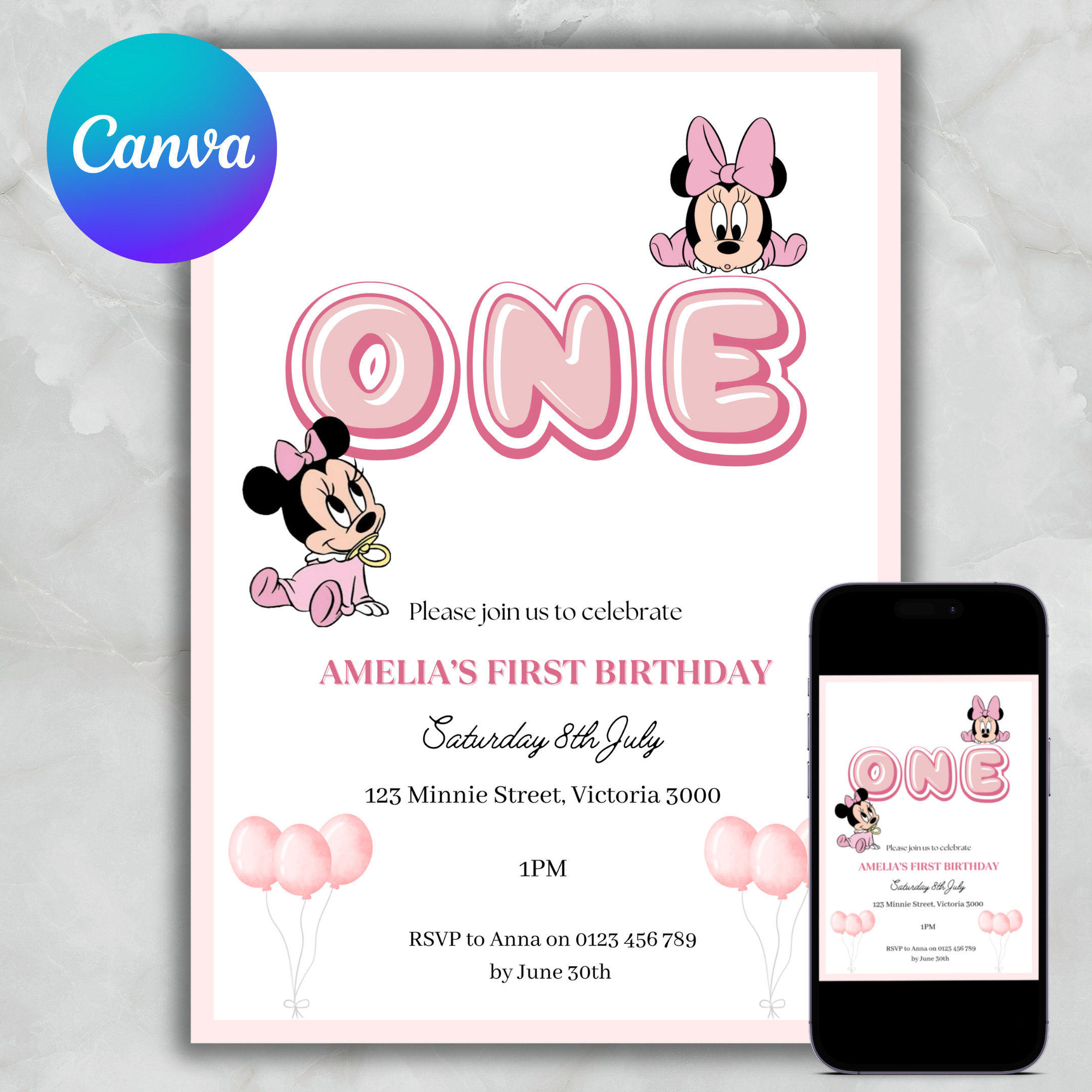 Minnie Mouse 1st Birthday Invitation Digital Download Instant - Etsy