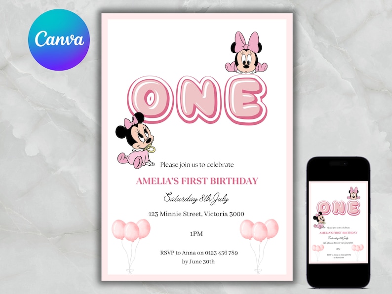 Minnie Mouse 1st Birthday Invitation, Digital Download Instant Template ...