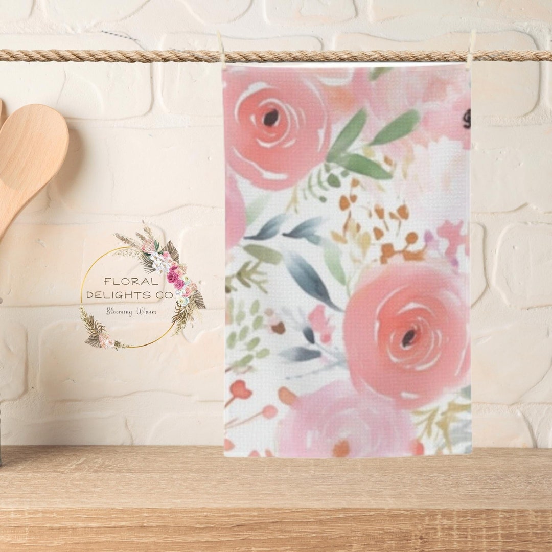 Pink Kitchen Towel, Watercolor Floral, Pink Flower Kitchen Towel, Large ...