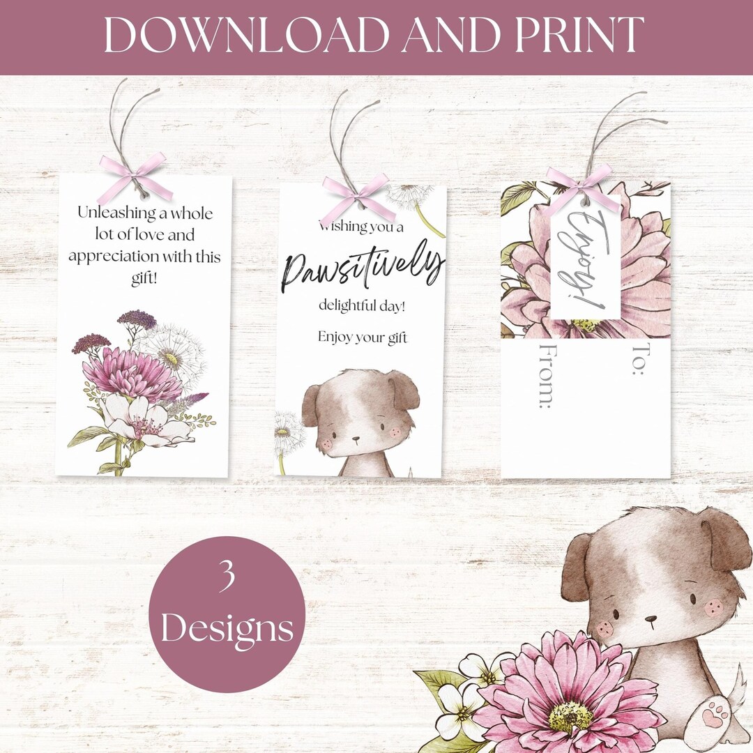 Cute Dog Gift Tags, Puppy and Flowers, Printable Favor Tags (3 Designs ...