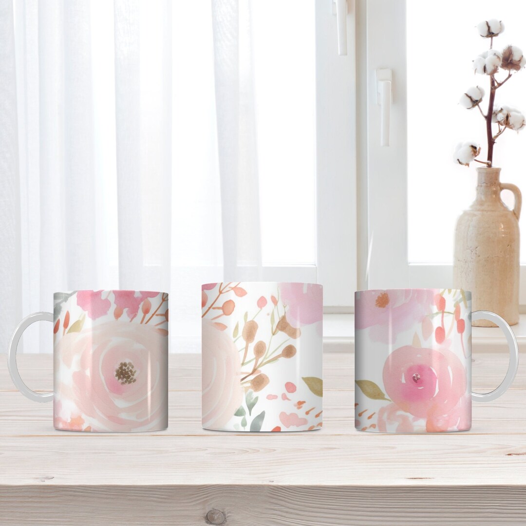 Pink Watercolor Flowers Mug, Boho Pink, Cottagecore Coffee Mug, Vintage ...