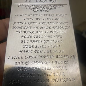 10 Year Anniversary | Aluminum Anniversary Gift| Poem| Engraved ...