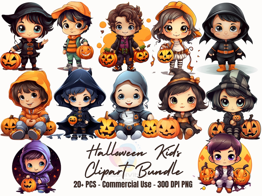 20+ Cute Cartoon Kids in Halloween Costume Clipart Bundle | Kids ...