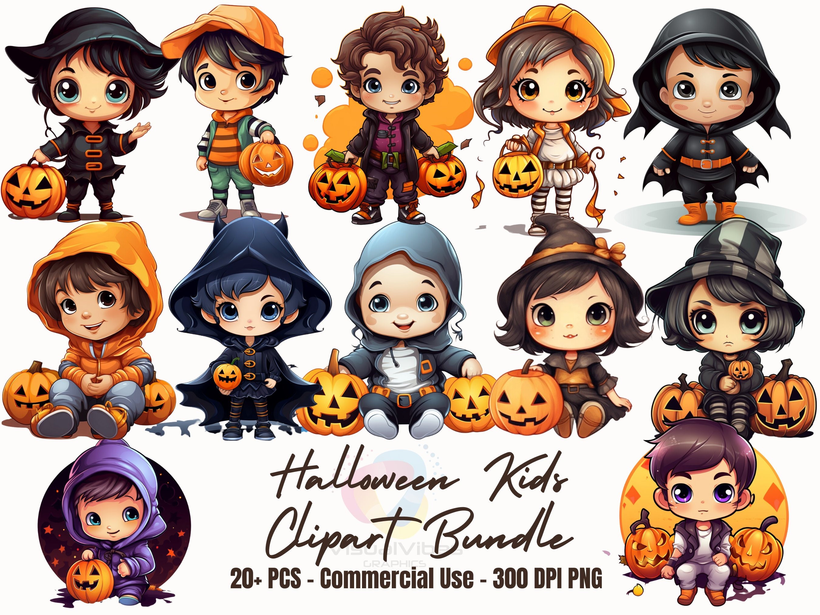 20+ Cute Cartoon Kids in Halloween Costume Clipart Bundle | Kids ...