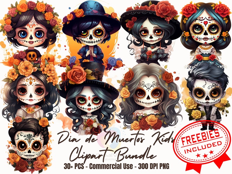30 Cute Cartoon Dia De Muertos Clipart Bundle Halloween Stickers Die De ...