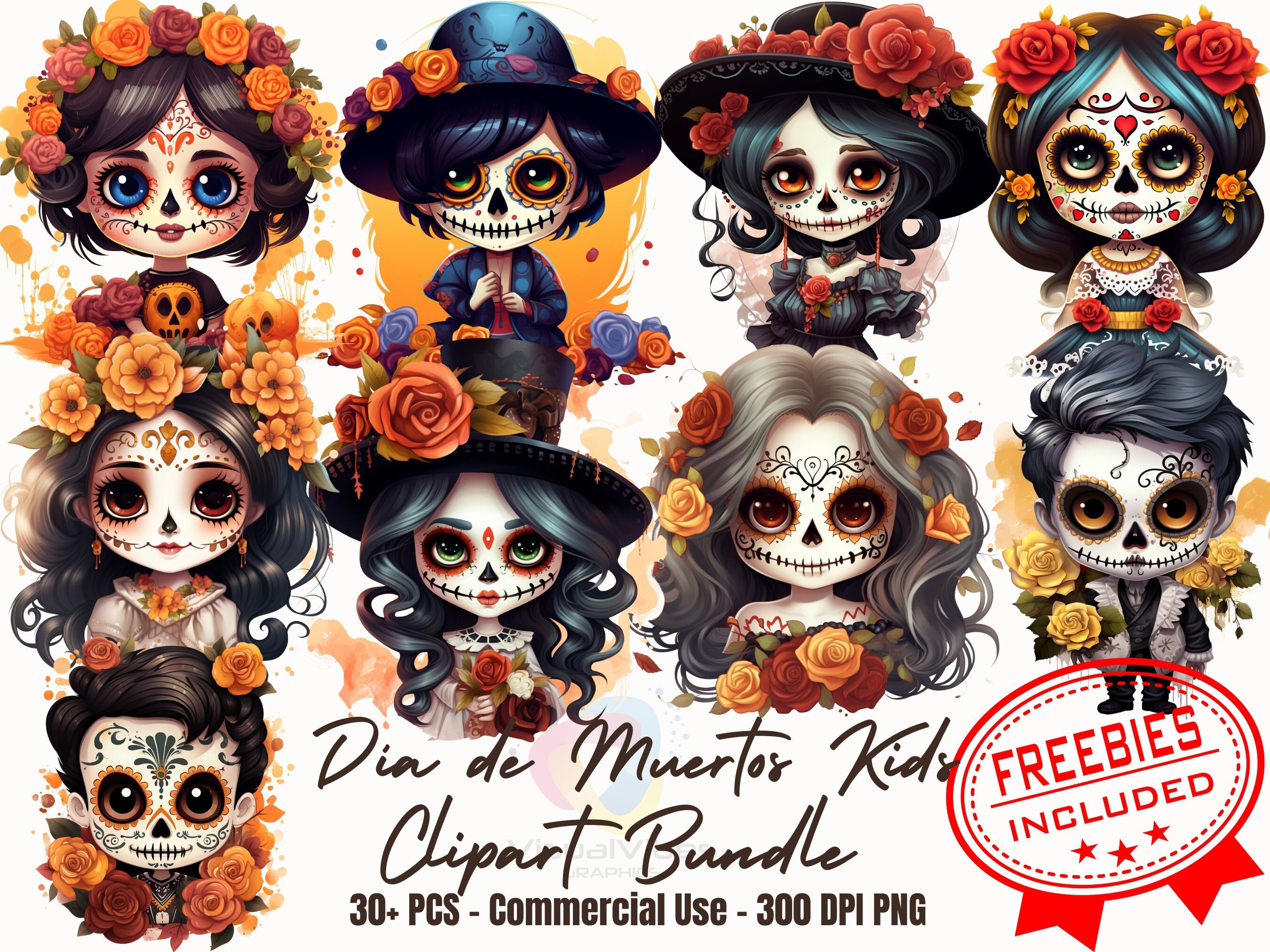 30+ Cute Cartoon Dia De Muertos Clipart Bundle Halloween Stickers Die ...