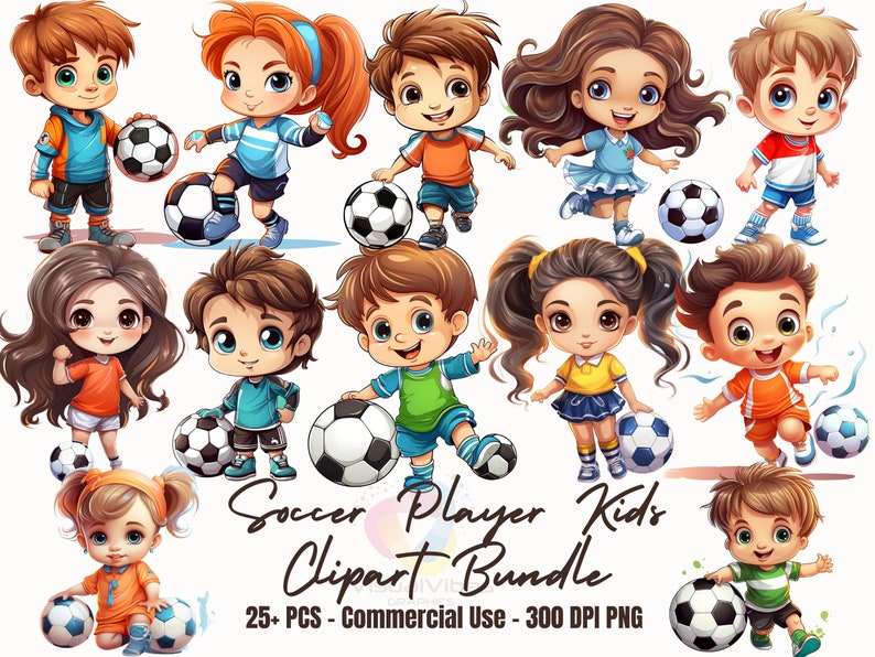 25+ Cartoon Kids in Soccer Costumes Clipart Bundle Sticker PNG Soccer ...