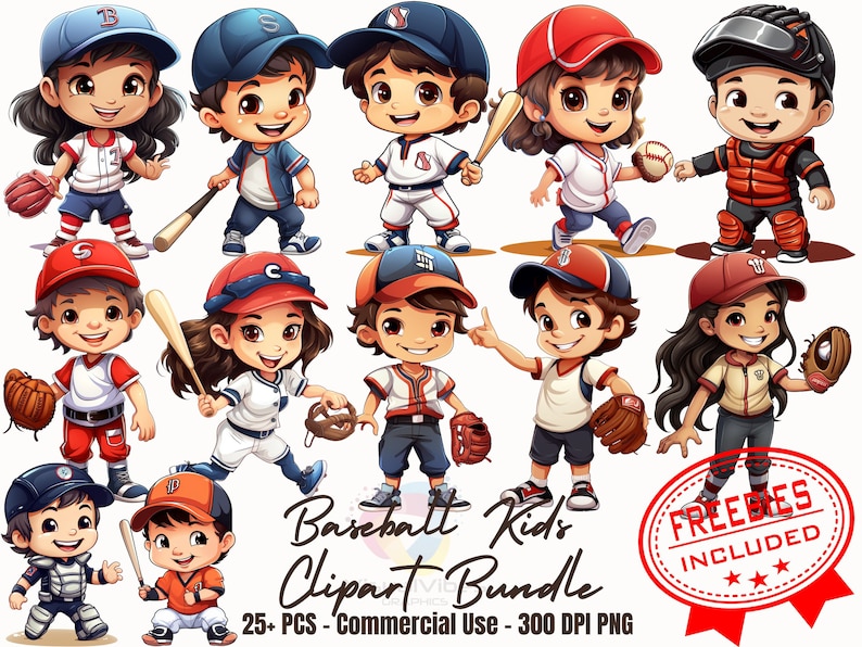 25+ Cartoon Kids in Baseball Costumes Clipart Bundle Sticker PNG ...