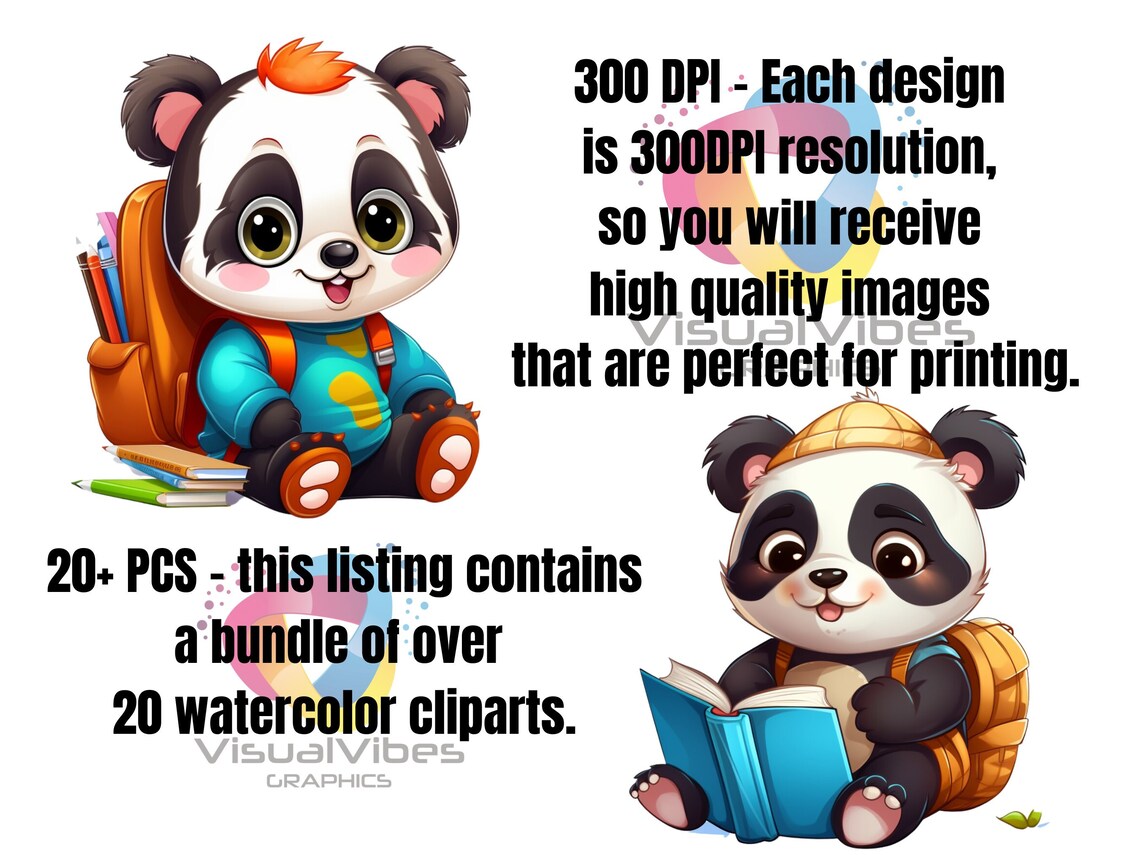 20 Cartoon Baby Pandas Clipart Bundle Back to School Sticker PNG ...