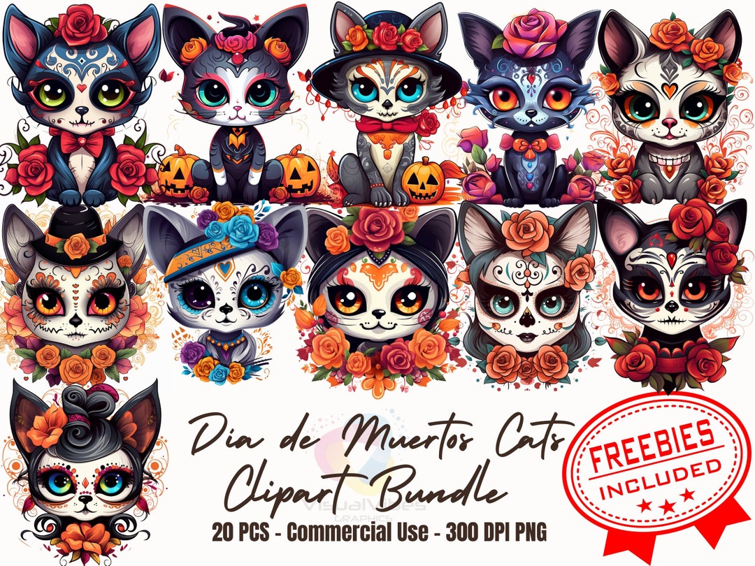 20 Cute Cartoon Dia De Los Muertos Cats Clipart Bundle Halloween Cat ...