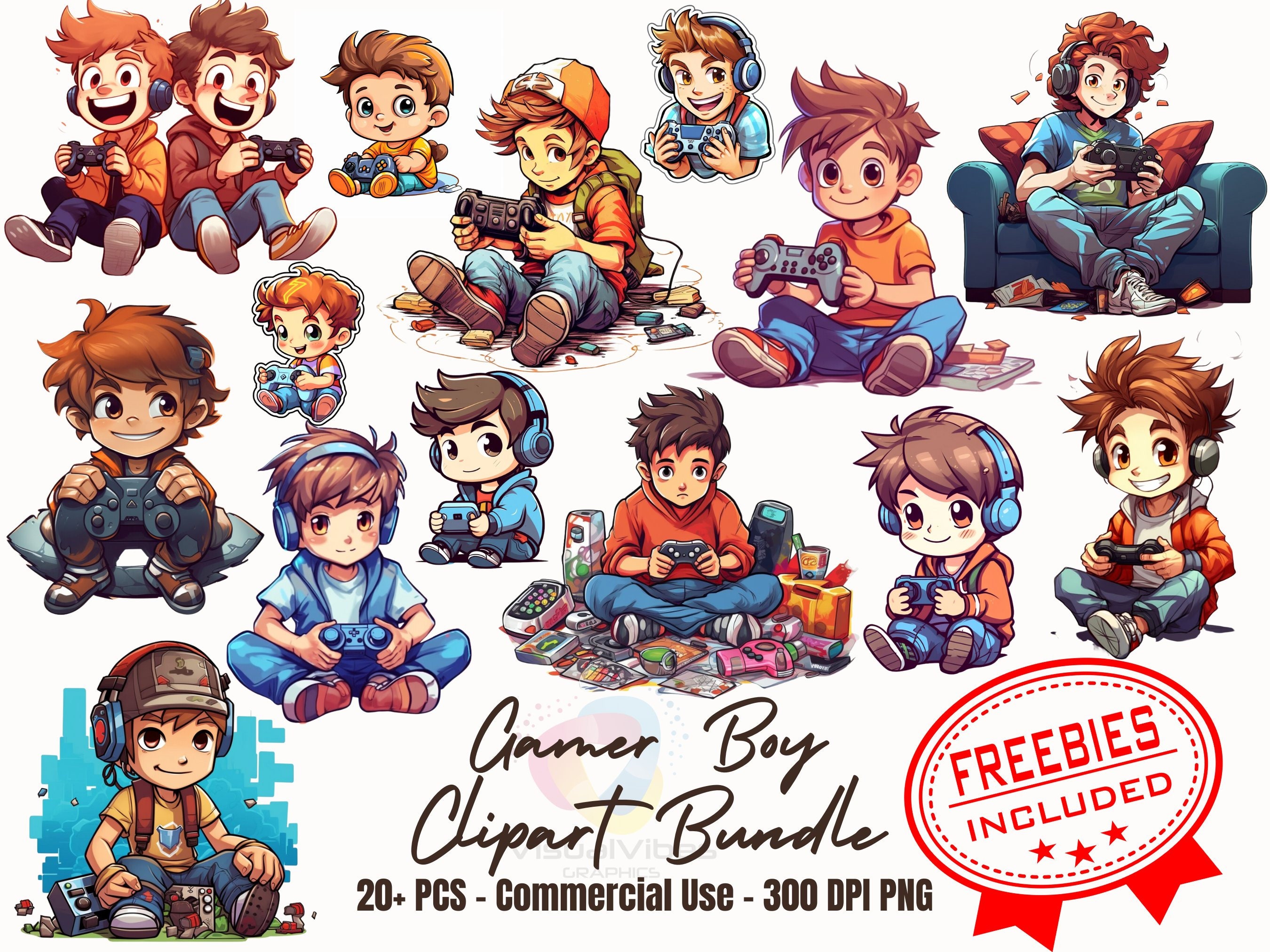 20+ Cartoon Gamer Boy Clipart Bundle Gaming Stickers Png Gaming Clipart ...