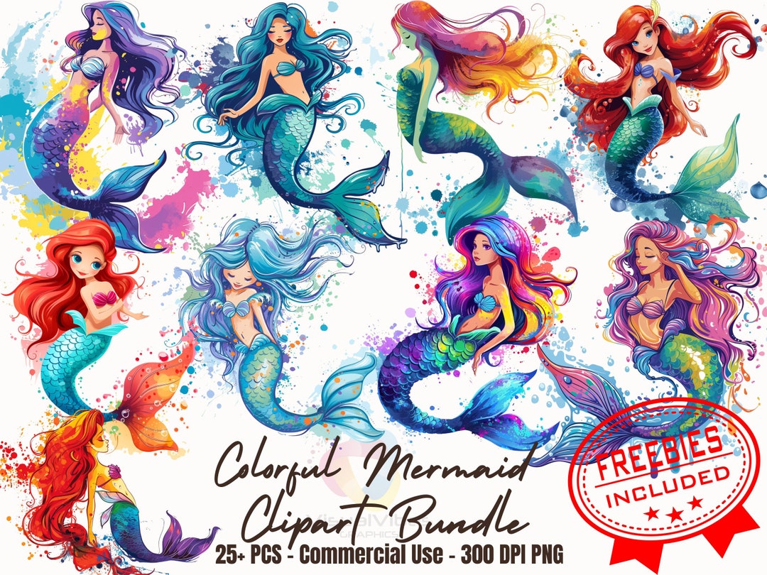 Over 25 Cute Colorful Mermaids Clipart Bundle Little Mermaid Stickers ...