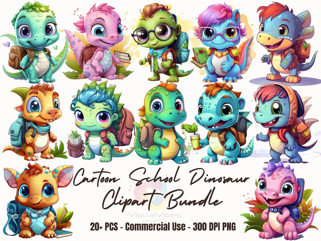 20+ Cute Baby Cartoon Dinosaur Clipart Back to School Sticker PNG ...