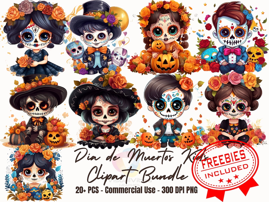 20+ Cute Cartoon Dia De Muertos Clipart Bundle Halloween Stickers Die ...