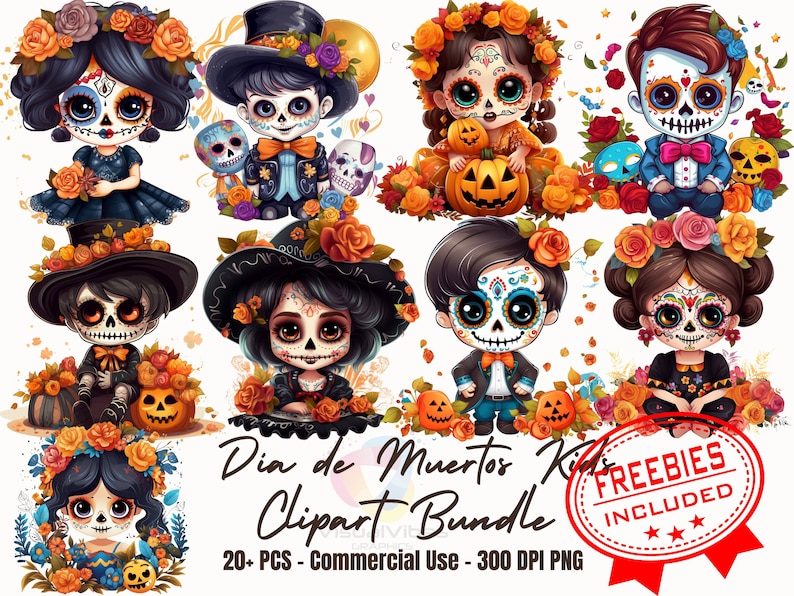 20+ Cute Cartoon Dia De Muertos Clipart Bundle Halloween Stickers Die ...