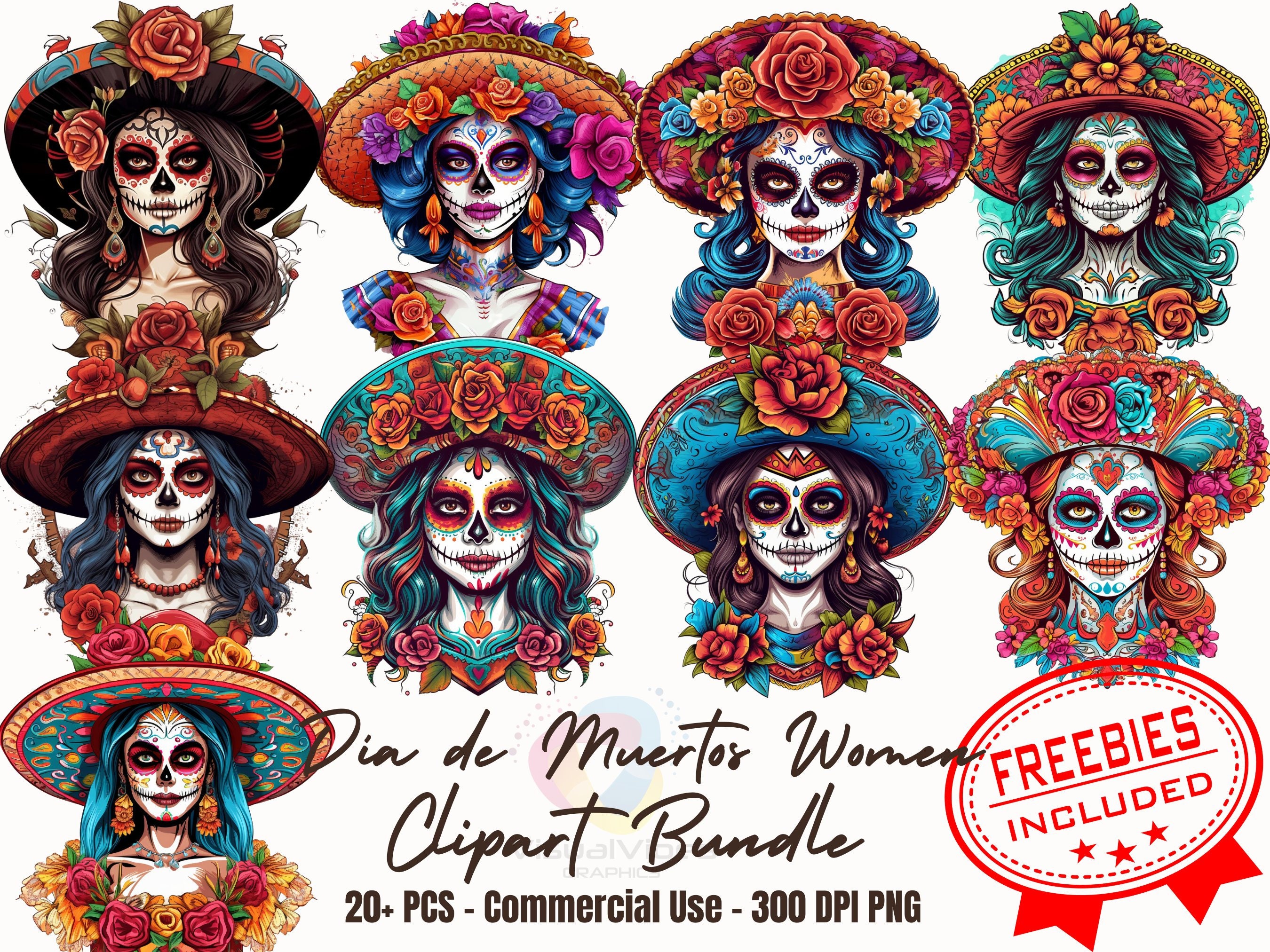 20 Cartoon Woman Dia De Muertos Clipart Bundle La Catrina Png Calavera ...